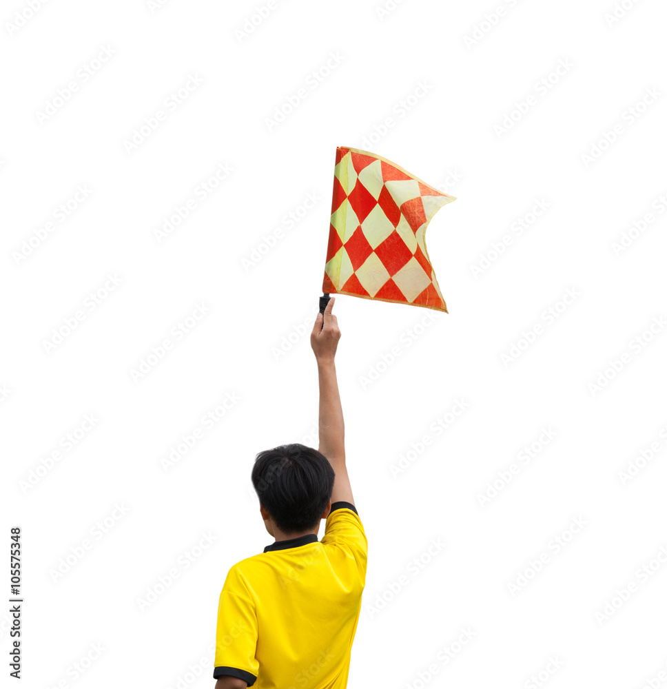 The back of the linesman flags to signal. Isolated white background ...