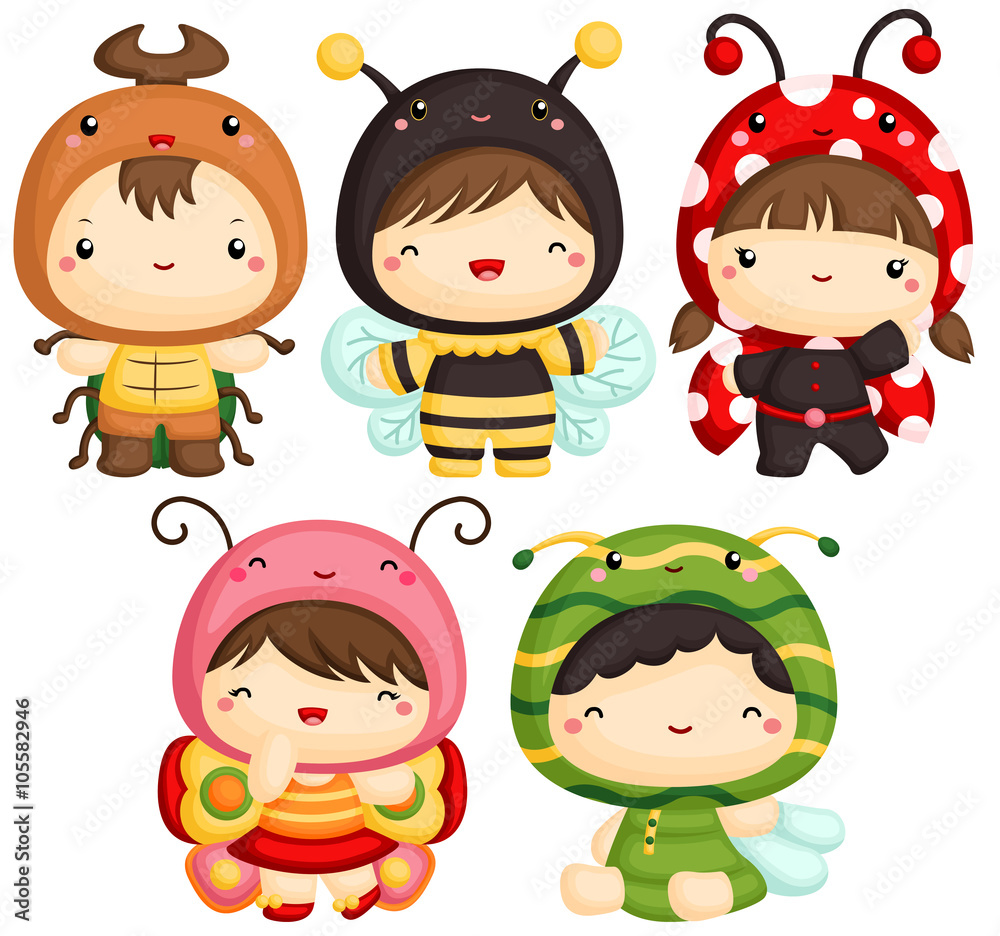 Boys and Girls in Insect Cute Costume Stock Vector | Adobe Stock