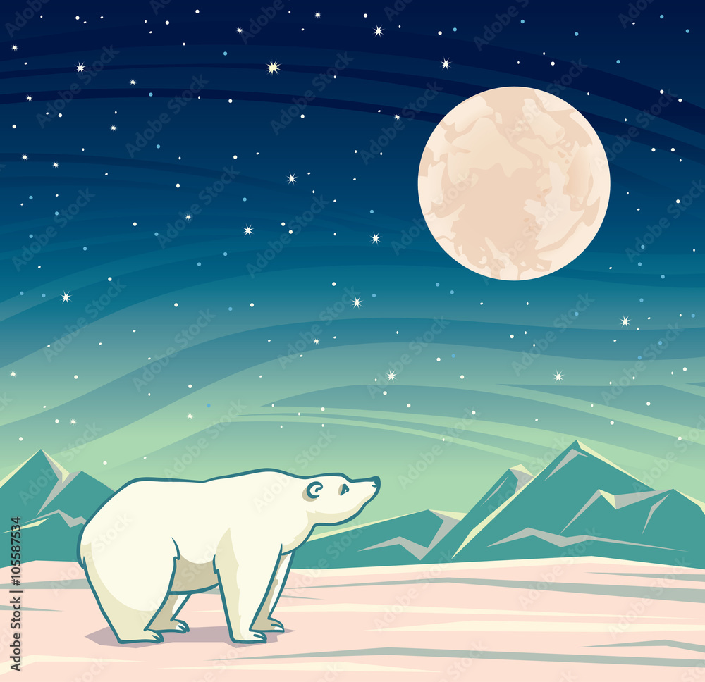 Cartoon polar bear and full moon at night sky. Stock Vector | Adobe Stock