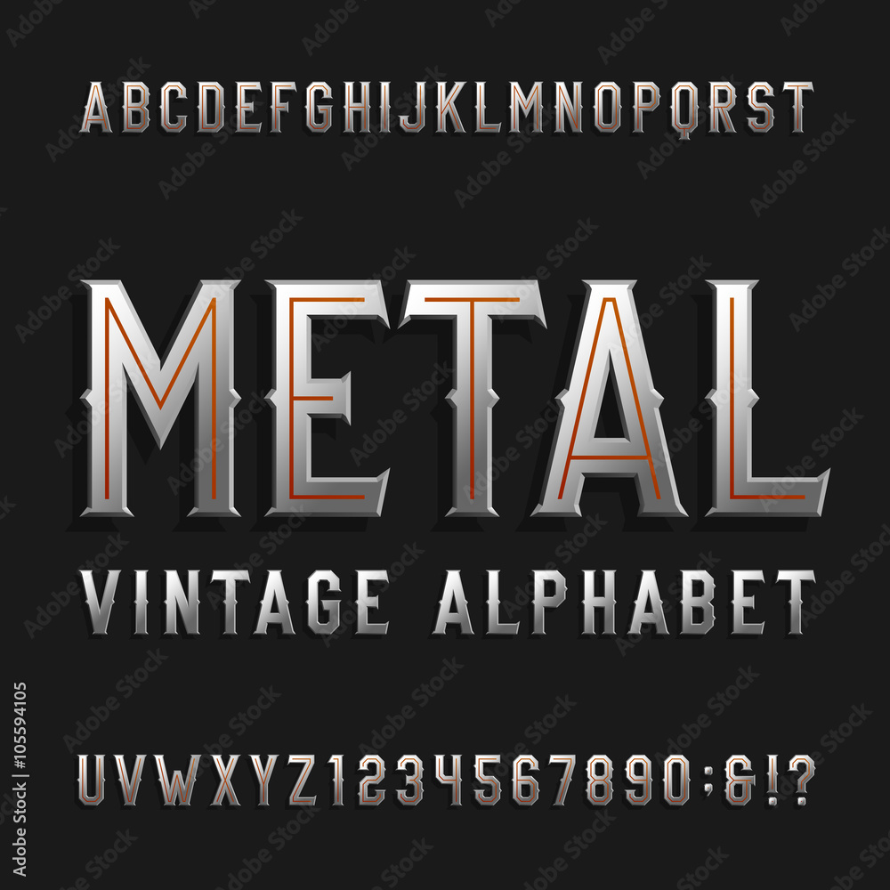 Vintage style alphabet vector font. Metal effect letters and numbers on ...