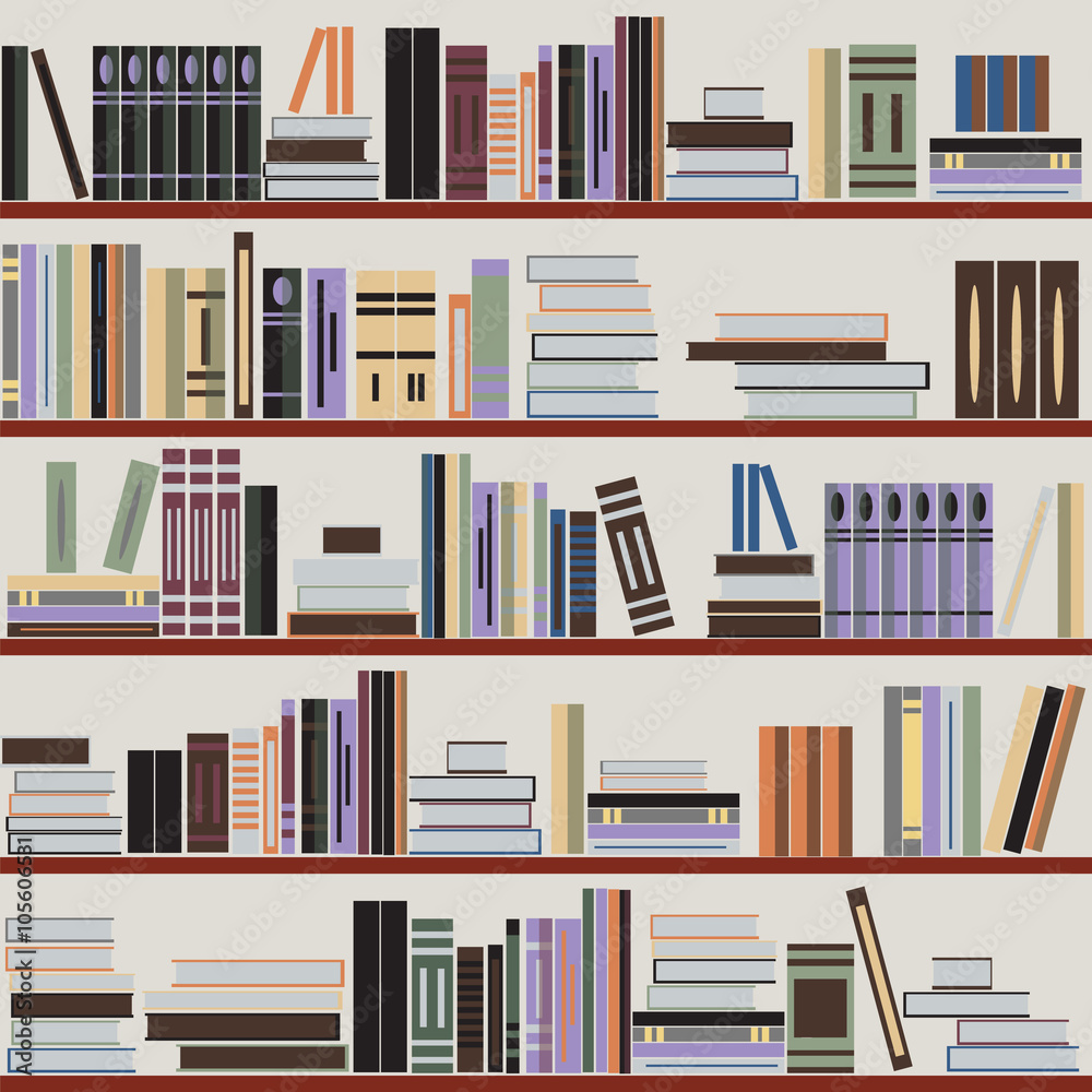 Vector seamless bookshelf pattern, random books on shelves, grey ...