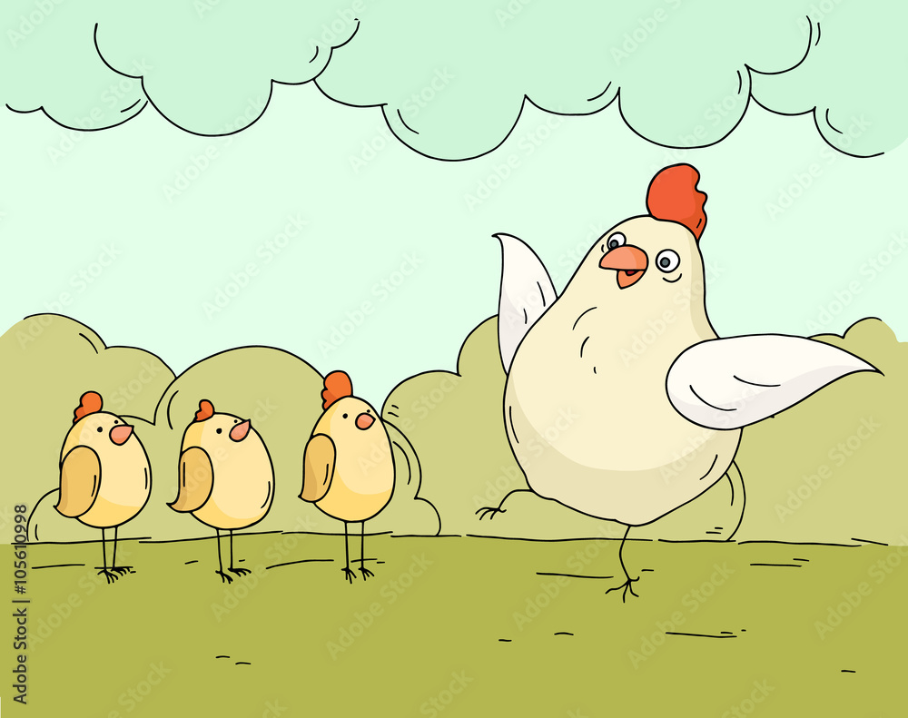 Doodle funny hen and chikens standing together. Cartoon chiken family ...
