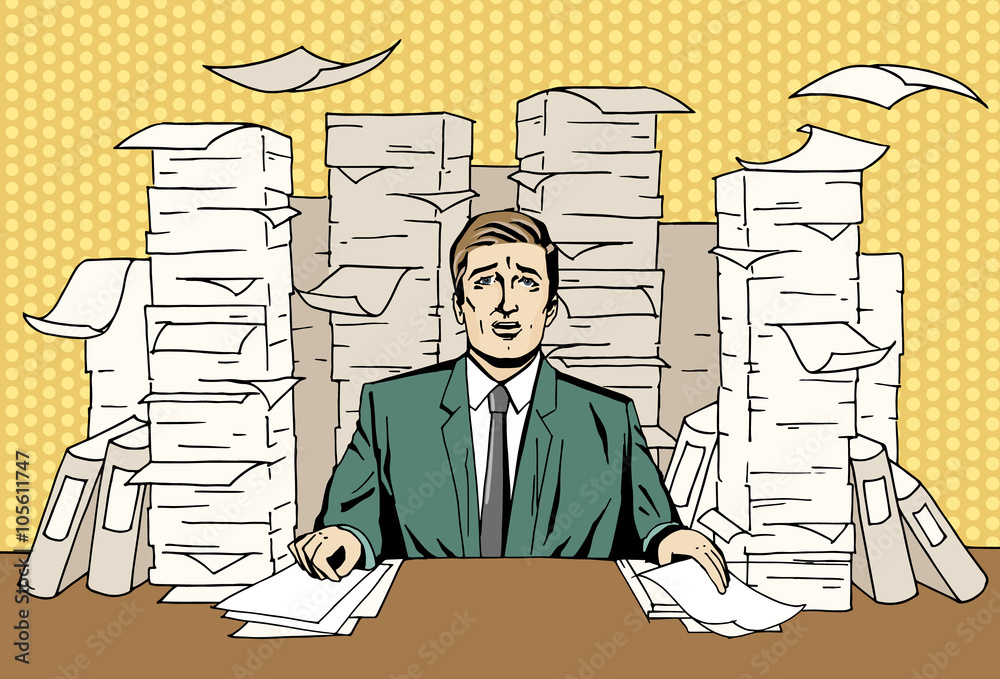 Pop art businessman at work. Comic tired man sit with high piles of ...