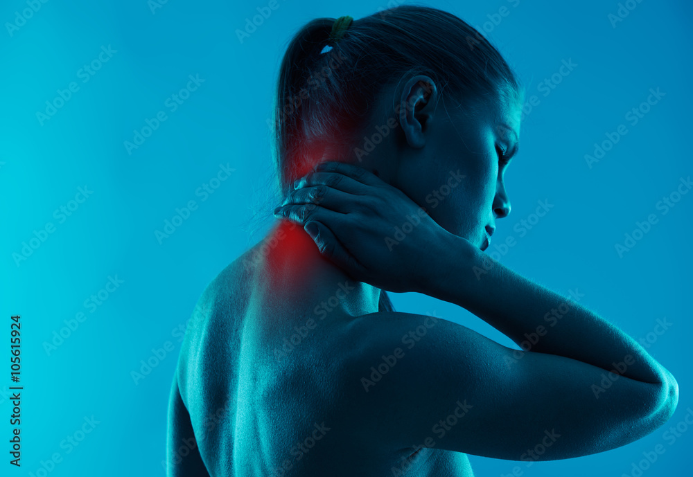 Spinal nerves. Red spot showing pain in neck on female body. Stock ...