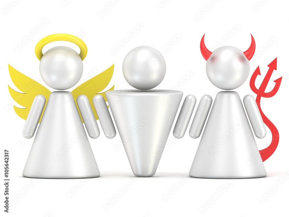 Temptation concept. Man, angel and devil figures. 3D render ...