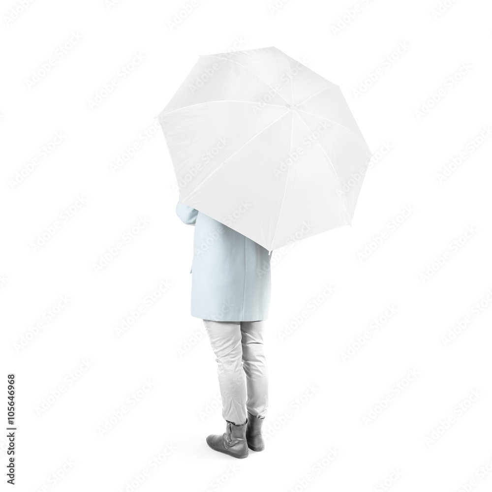 Women stand backwards with white blank umbrella opened mock up isolated ...