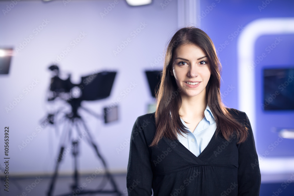 Television presenter recording in news studio.Female journalist anchor ...