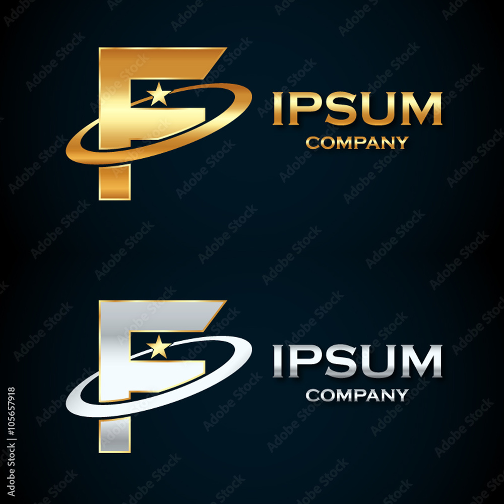 Abstract letter F logo,gold and silver star symbol,sign saturn,ring ...