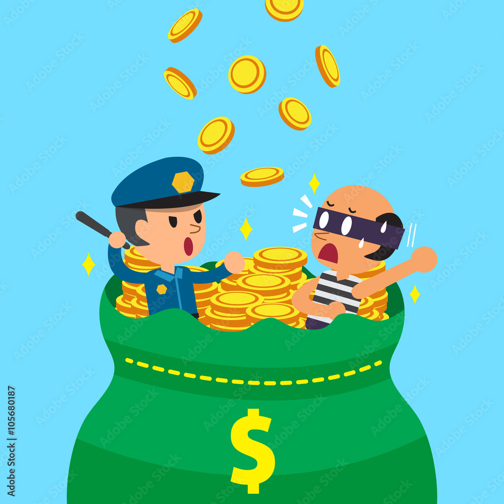 Cartoon policeman and thief with big money bag Stock Vector | Adobe Stock