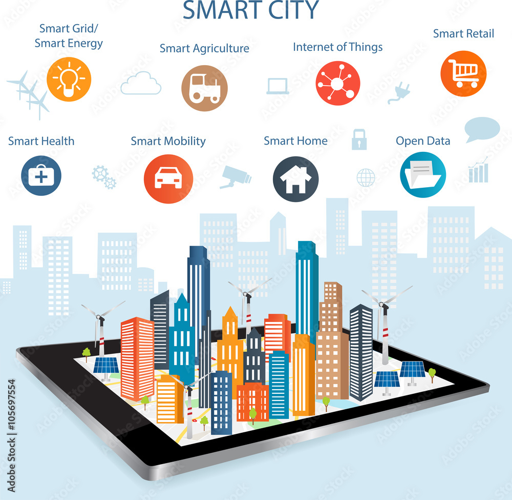 Smart city on a digital touch screen tablet with different icon and ...