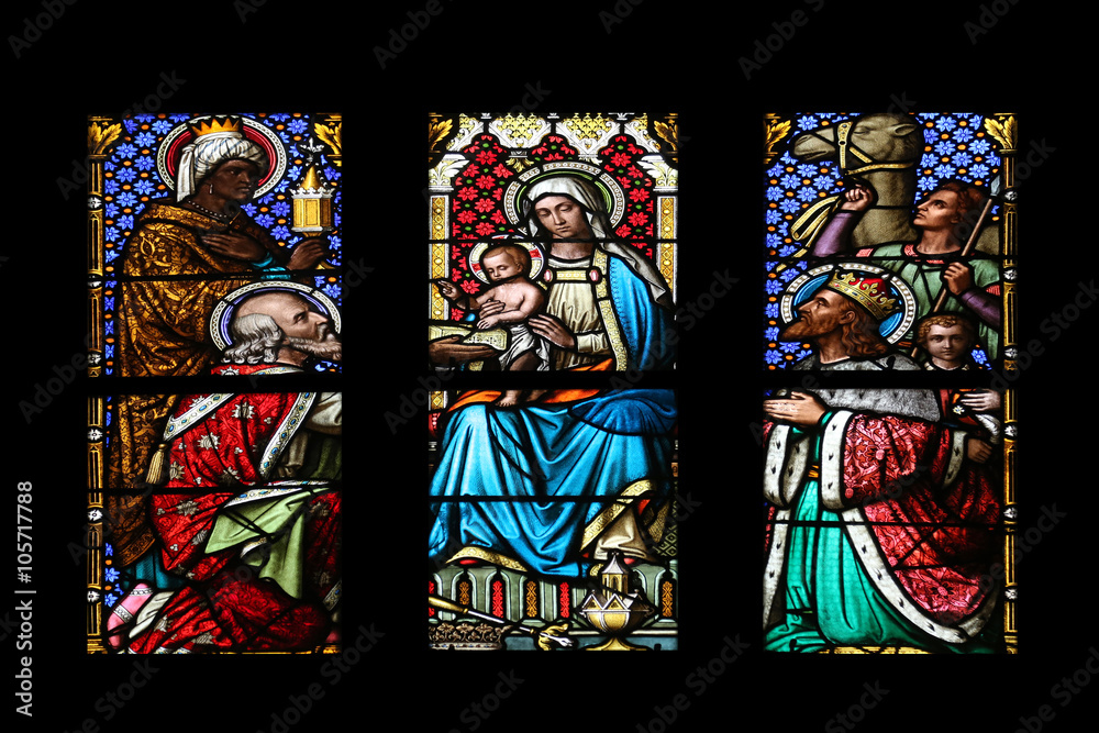 Nativity Scene, Adoration of the Magi, stained glass window in parish ...