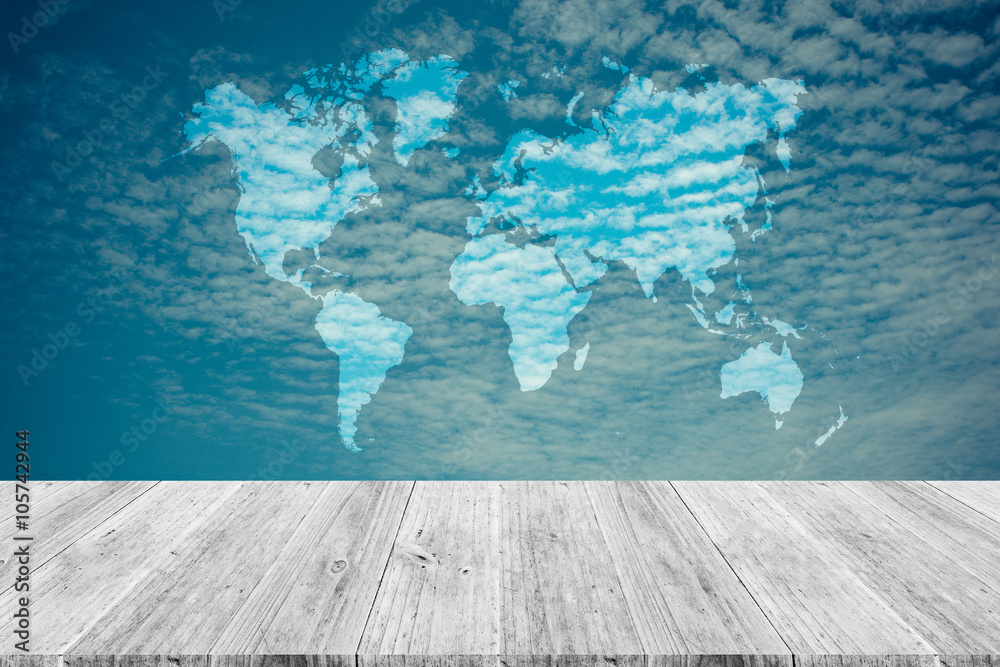 Blue sky cloud with Wood terrace and world map , process in vint Stock ...