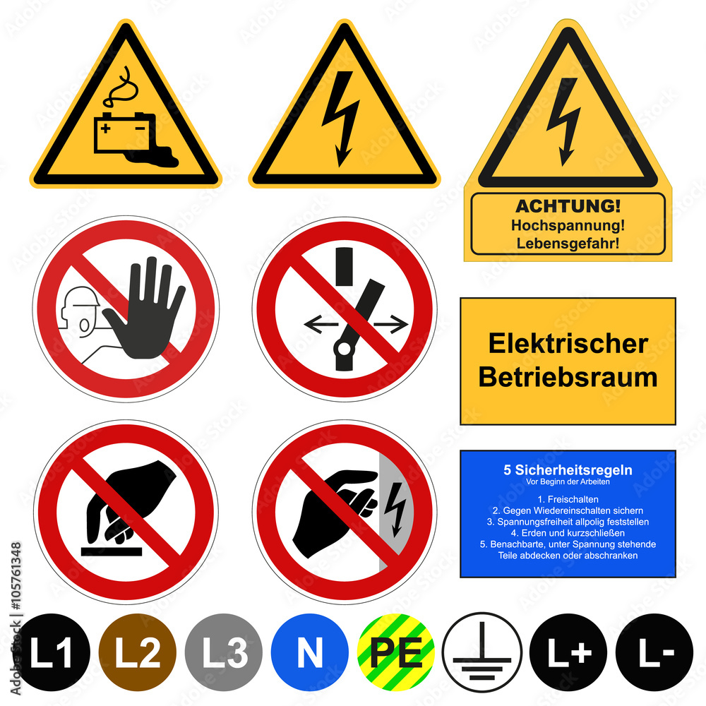 Elektrische Sicherheitszeichen, DIN VDE signs Stock-Vektorgrafik ...