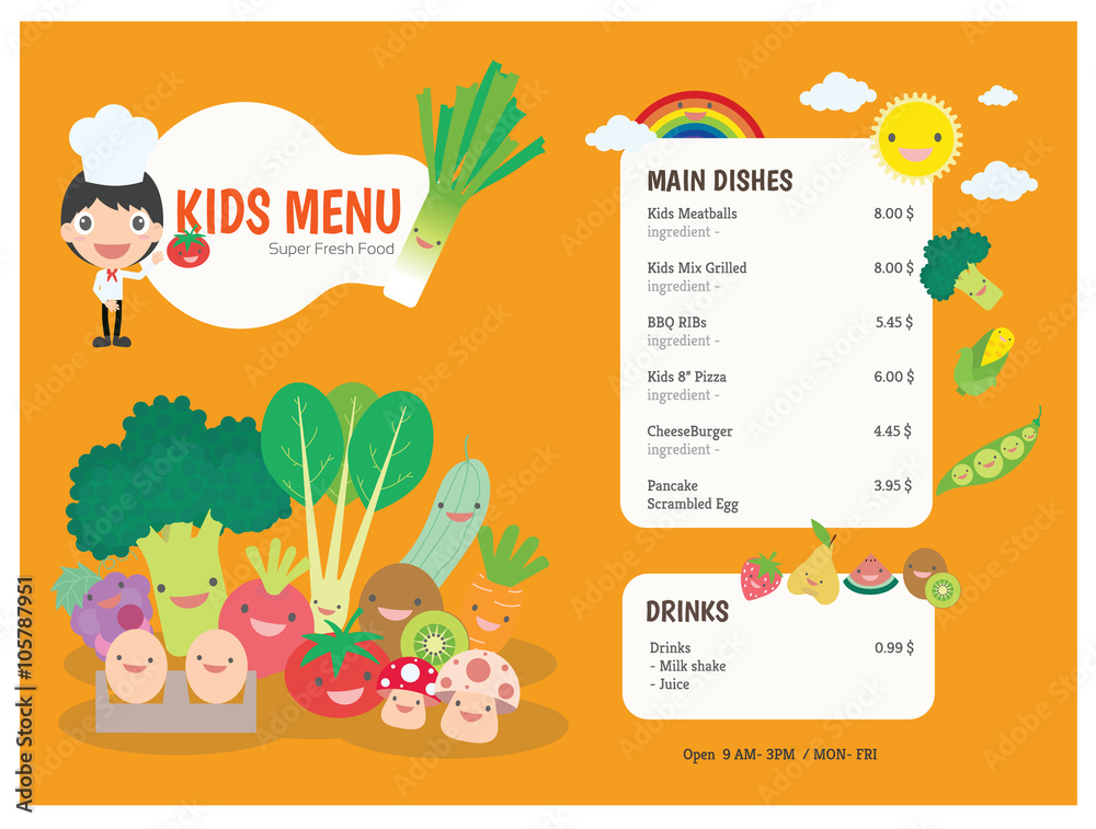 Cute colorful kids meal menu vector template Stock Vector | Adobe Stock