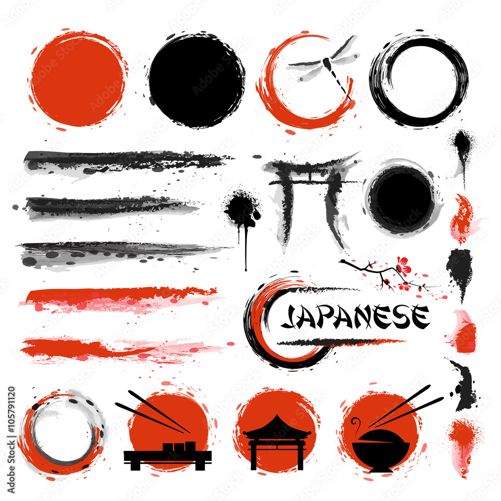 Traditional Japanese style. Set of brushes and other design elements ...