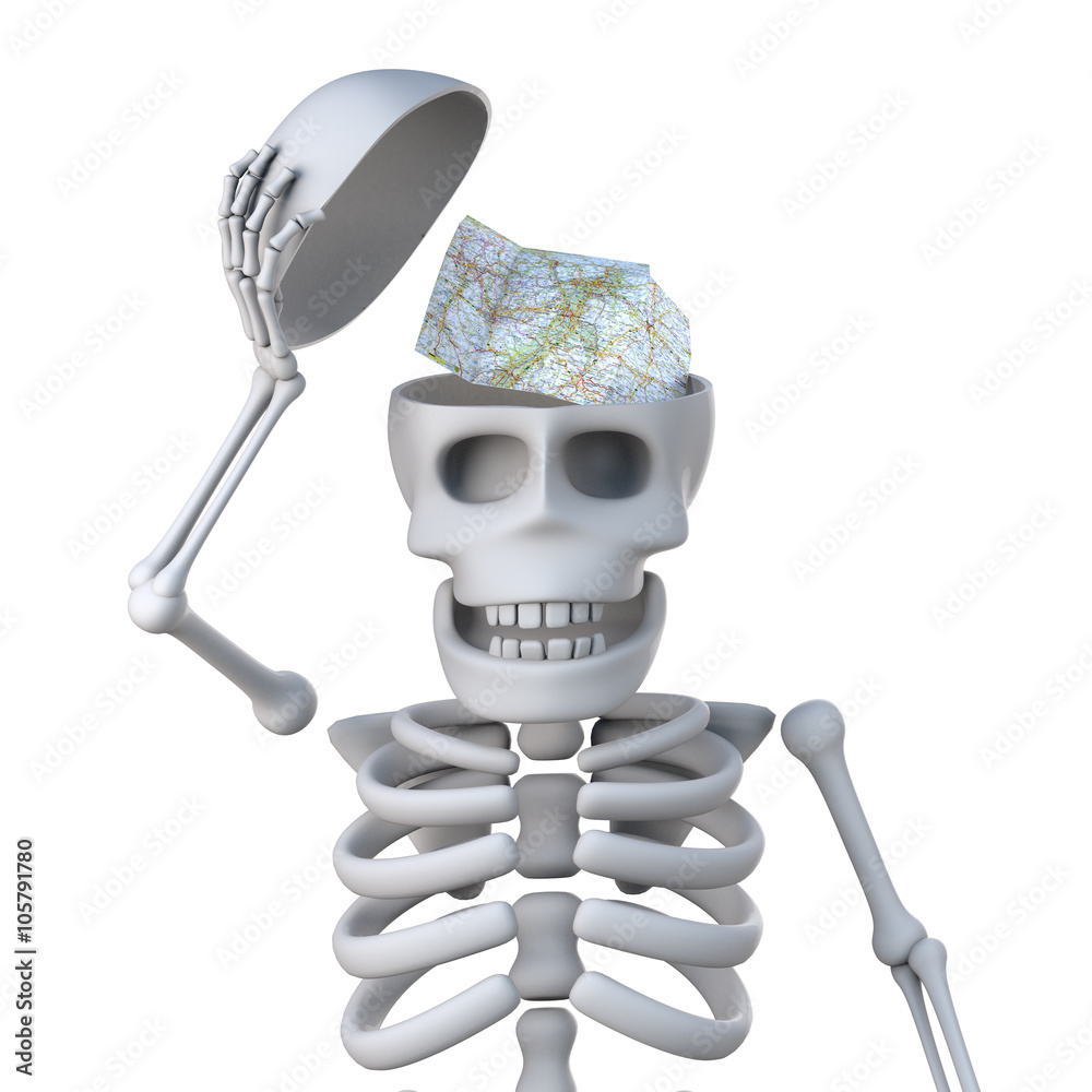 3d Skeleton reveals a map inside its skull Stock Illustration | Adobe Stock