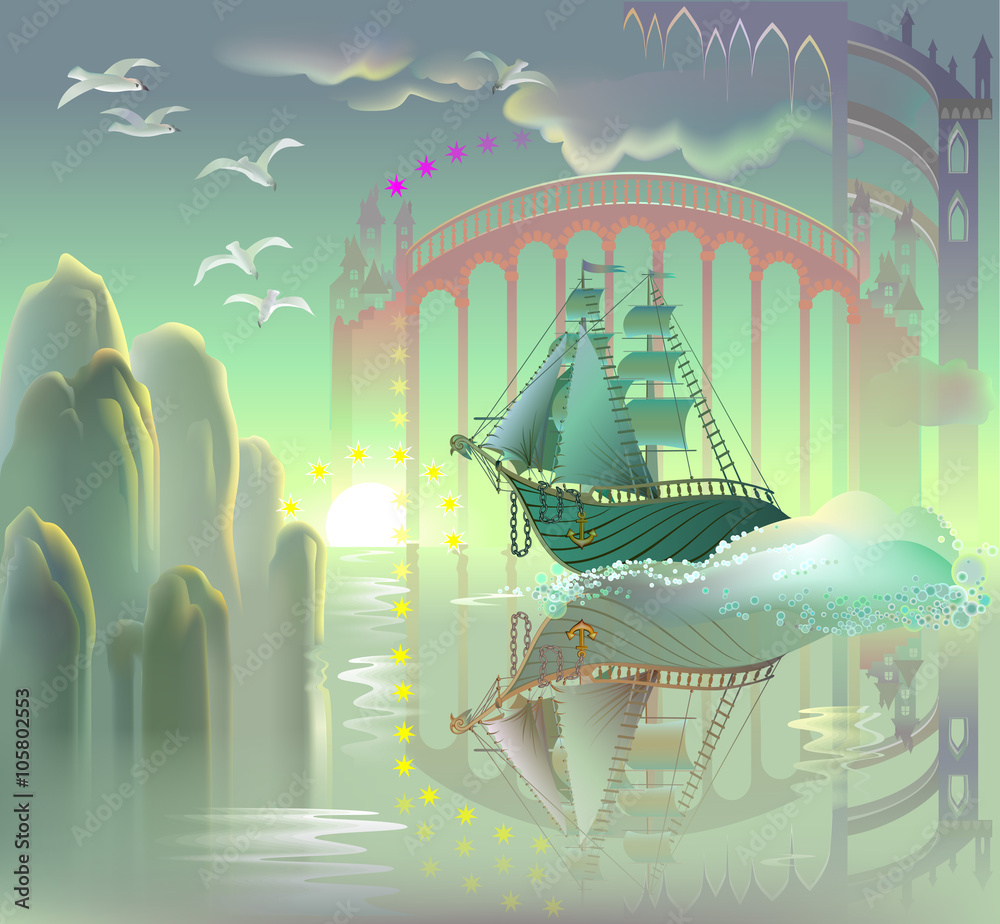 Fantasy ship in fairyland, vector cartoon image. Stock Vector | Adobe Stock