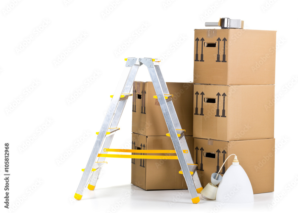Moving carton boxes stack with ladder Stock-Foto | Adobe Stock
