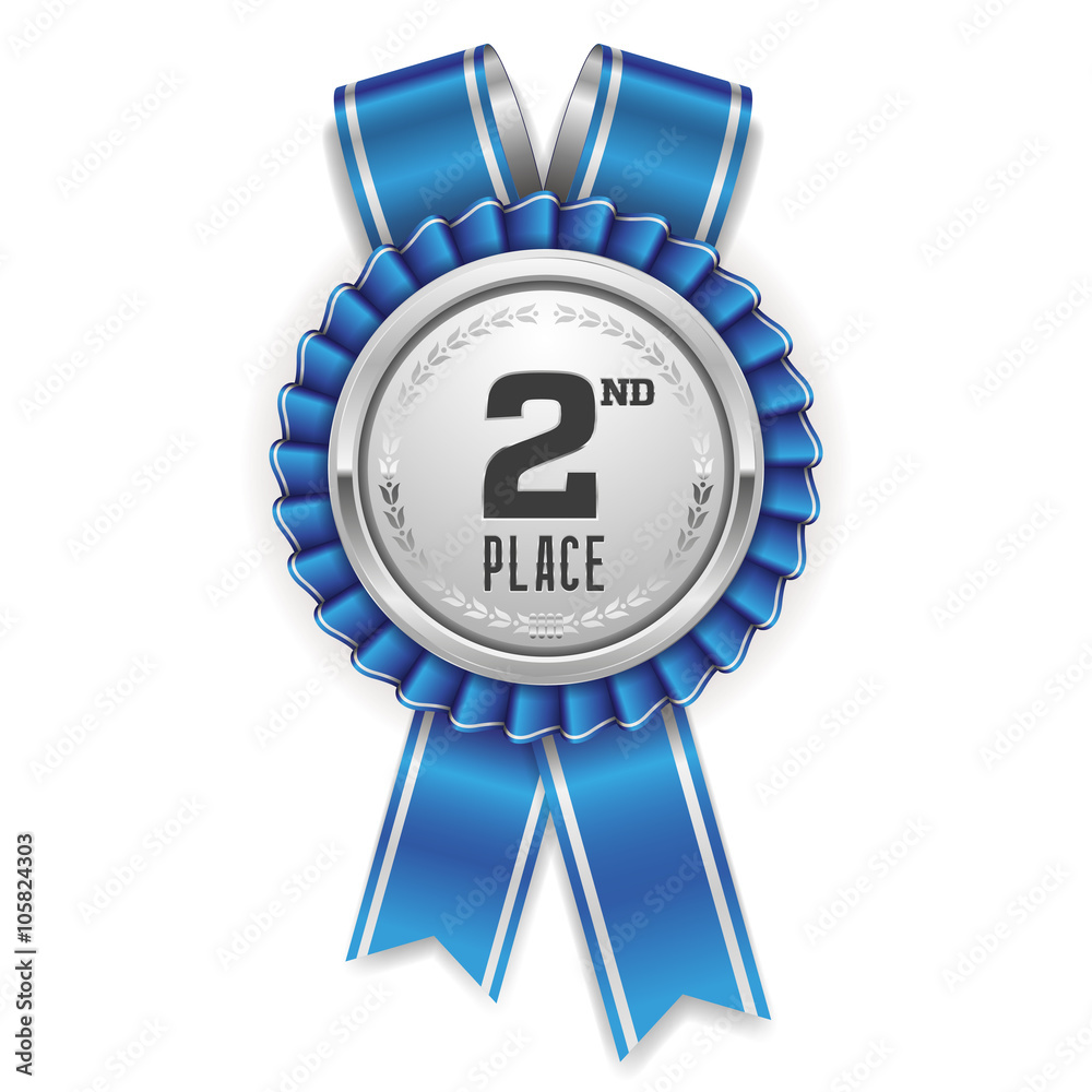 Silver 2nd place rosette, badge with blue ribbon on white background ...