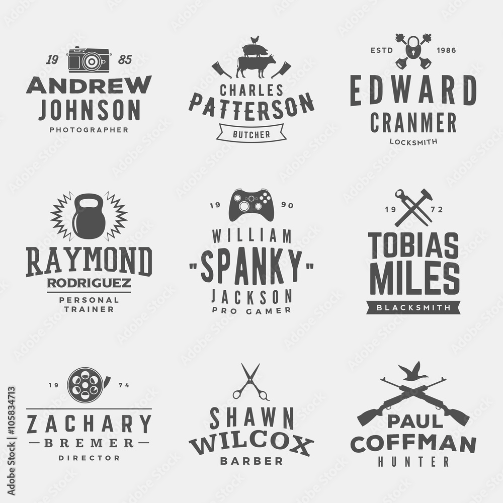 vector set of name based vintage logos, emblems and design elements ...