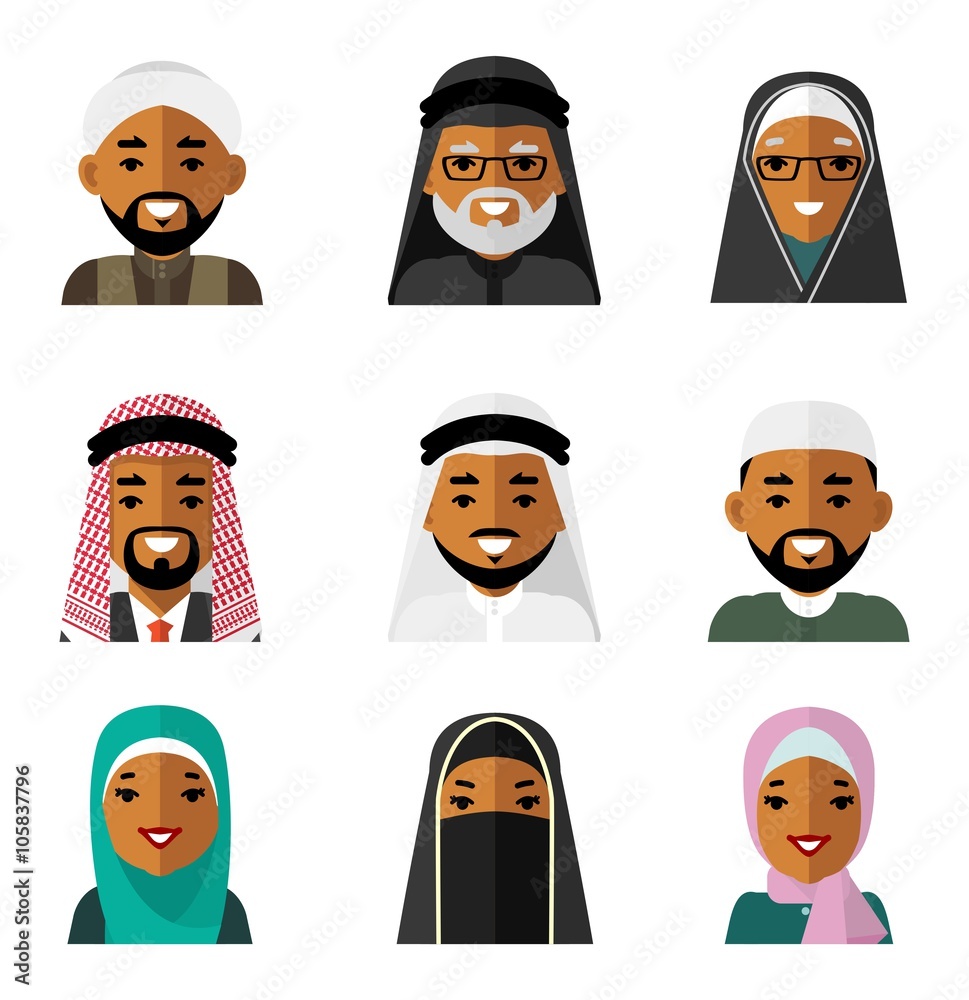 Muslim arab people characters avatars icons set in flat style isolated ...