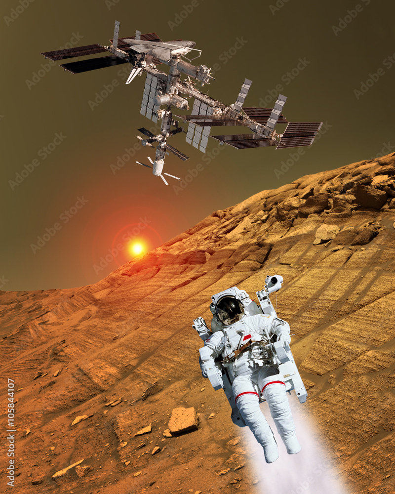 Astronaut spaceman suit planet Mars jet pack jetpack space landscape ...