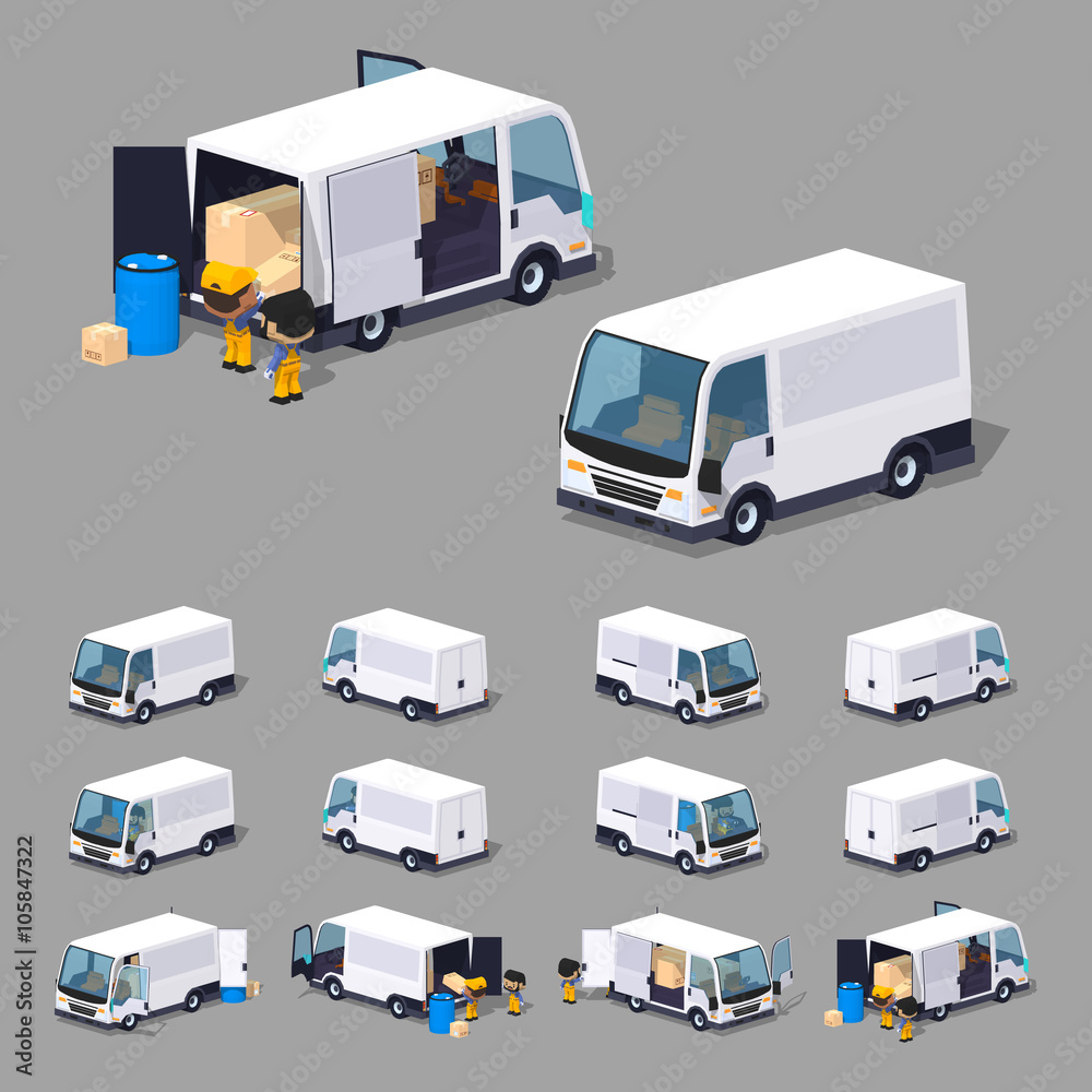 White van. 3D lowpoly isometric vector illustration. The set of objects ...