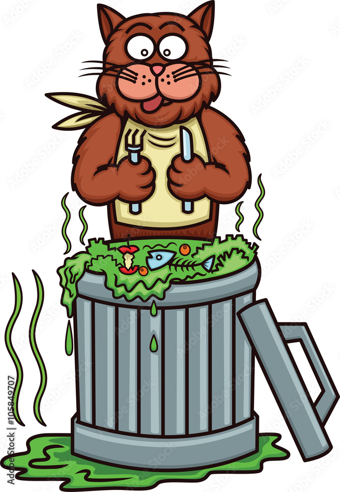 Cartoon illustration of a cat eating food from trash can. Vector ...