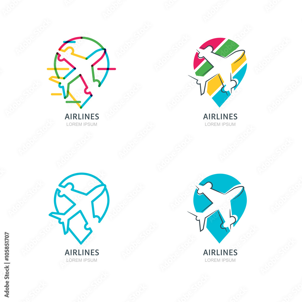 Flight airplane silhouette and waypoint symbol. Set of vector flat and ...