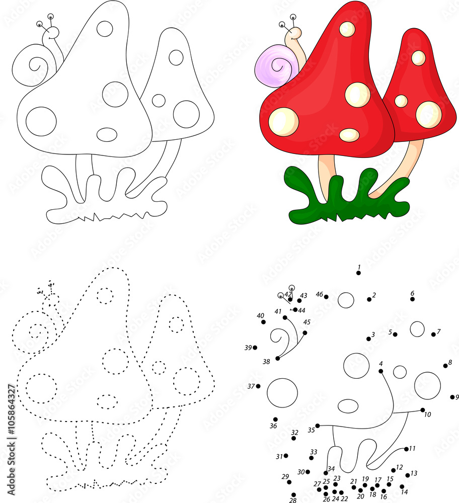 Cartoon mushrooms with snail. Dot to dot game for kids Stock Vector ...