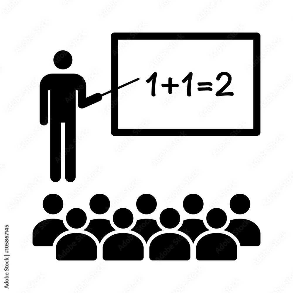 Math teacher with stick in classroom with students flat icon for ...
