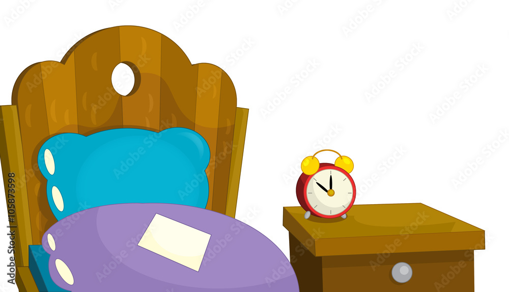 Cartoon scene with a bed - bedside table and alarm clock - illustration ...