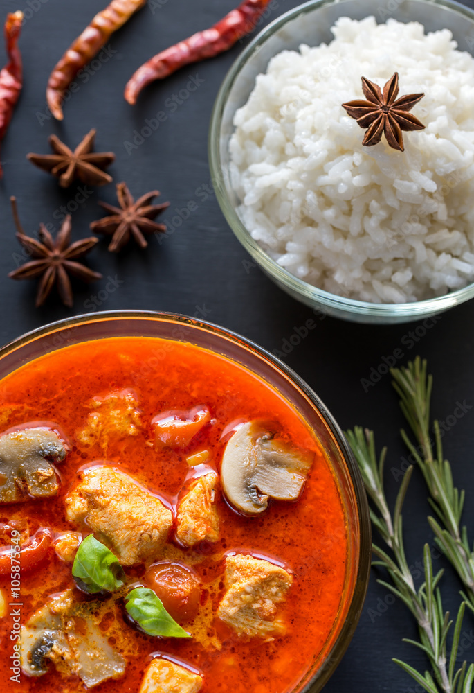 Thai red chicken curry with white rice Stock Photo | Adobe Stock