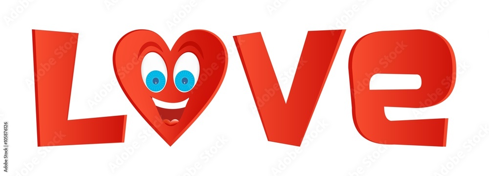 Red inscription love with heart of instead letter o with blue eyes and ...