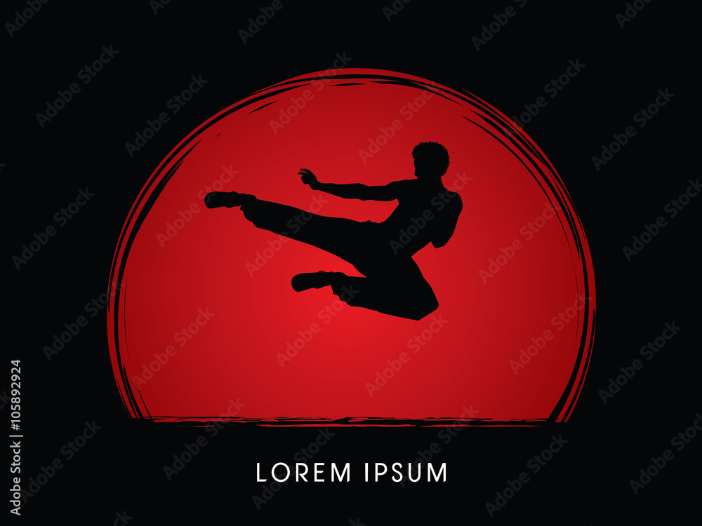 Kung fu, Karate jump kick , designed on sunset or sunrise background ...