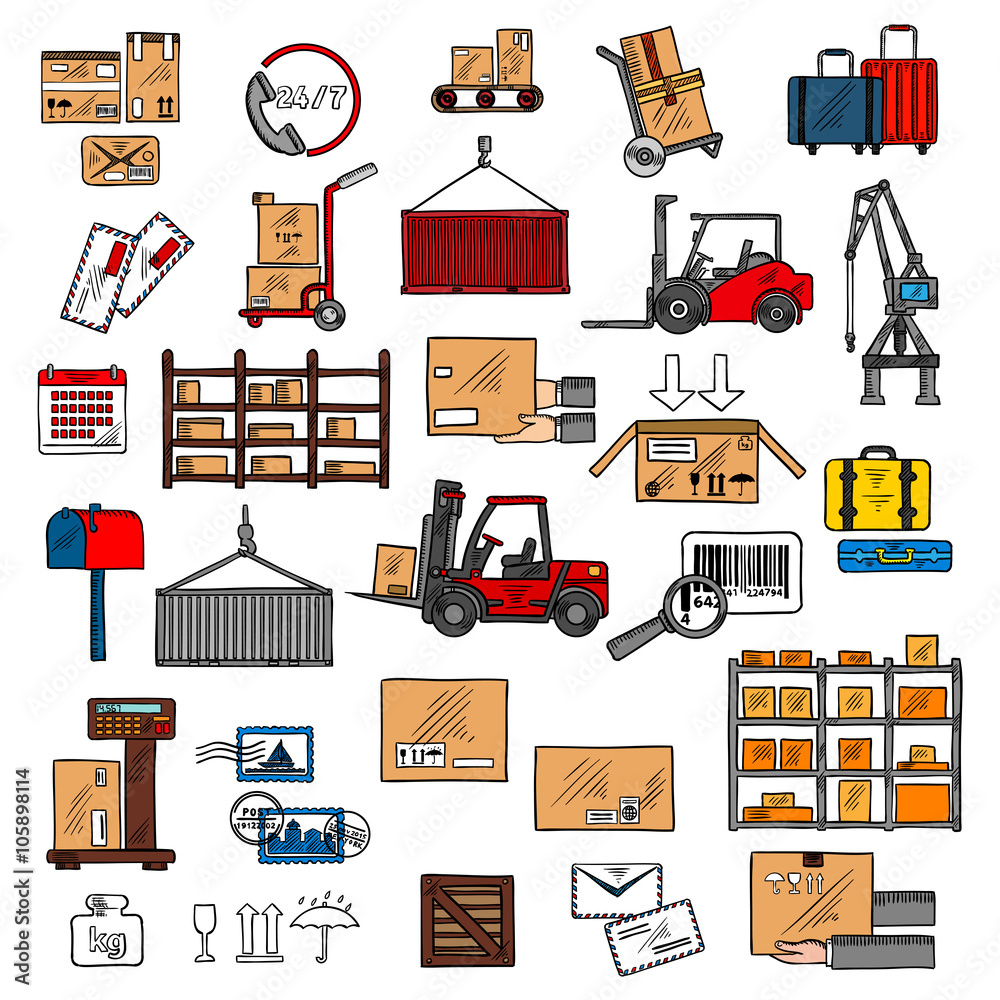 Storage and shipping icons with storage racks, forklift and hand trucks ...