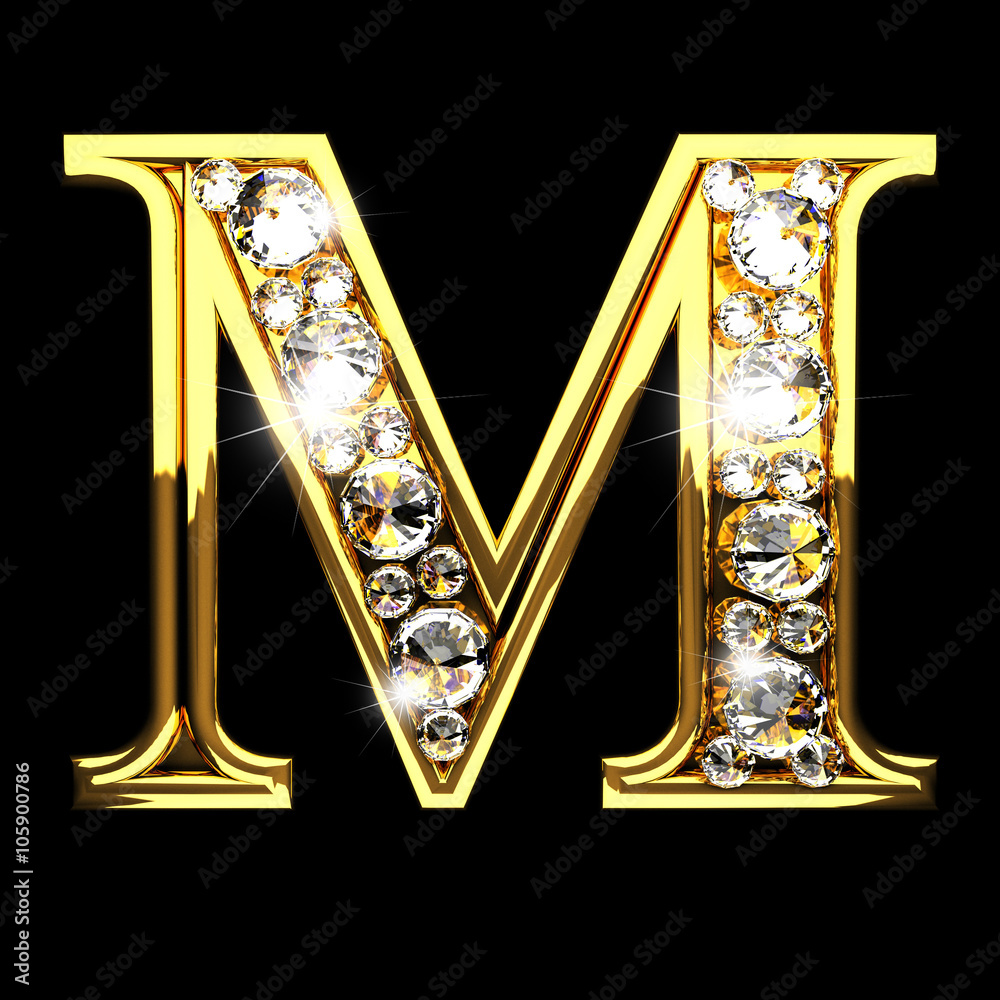 m isolated golden letters with diamonds on black Stock Illustration ...