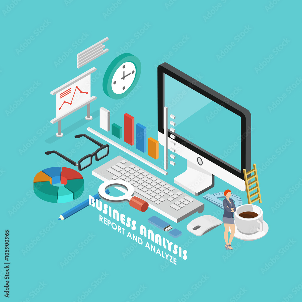 Isometric business analytics concept. Flat poster with notation and ...