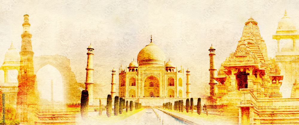 Grunge background with paper texture and landmarks of India Stock Photo ...