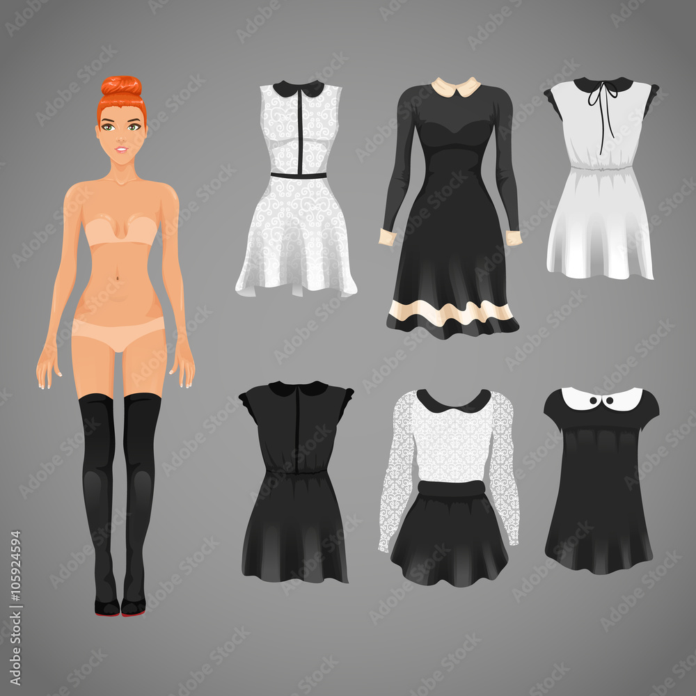 Vector dress up paper doll with an assortment of classy black an Stock ...