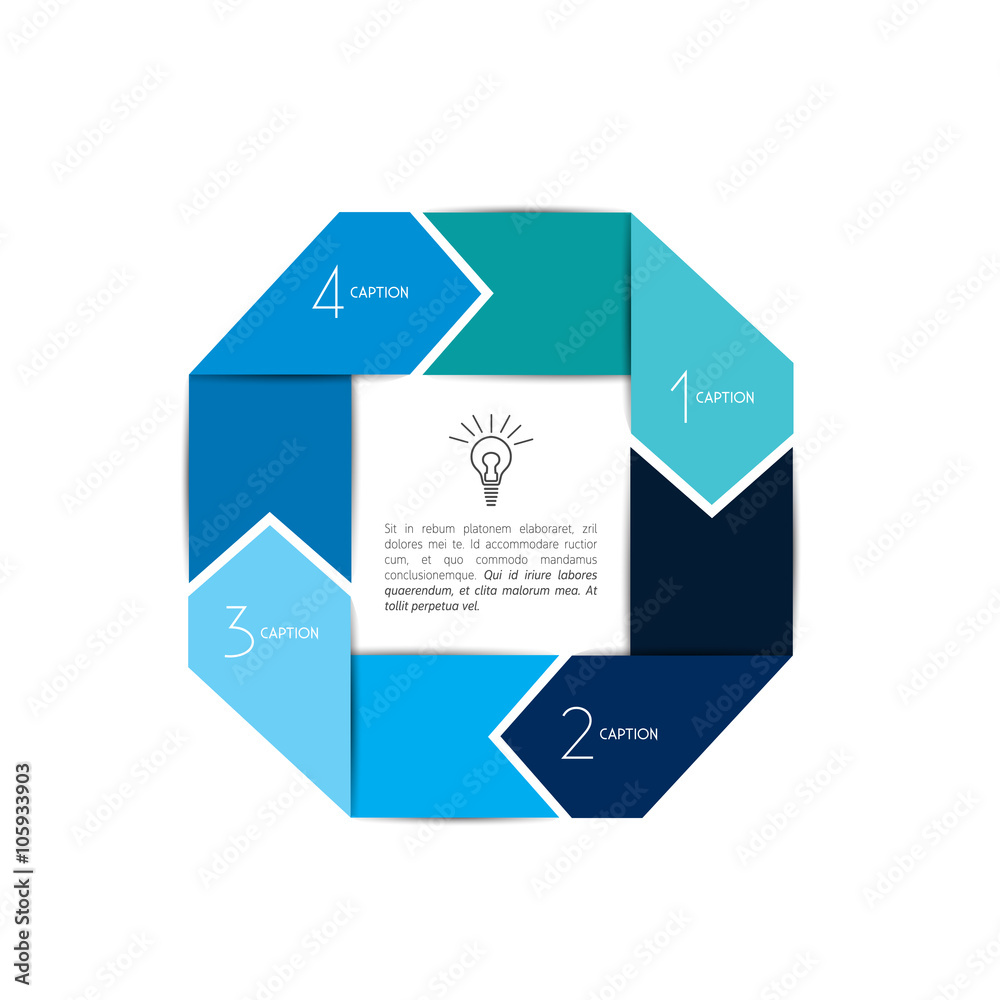 4 part chart, scheme. Arrow step by step presentation. Connected text ...