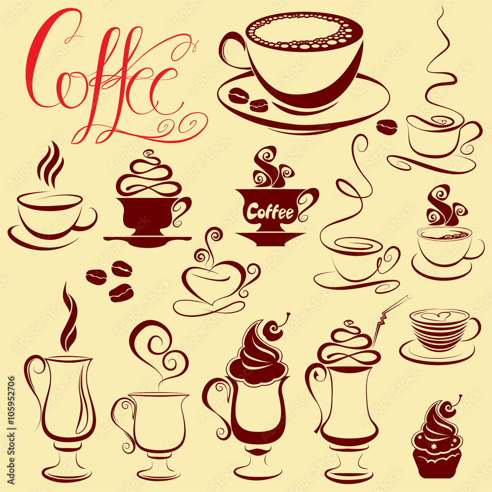Set of coffee cups icons, stylized sketch symbols Stock Vector | Adobe ...