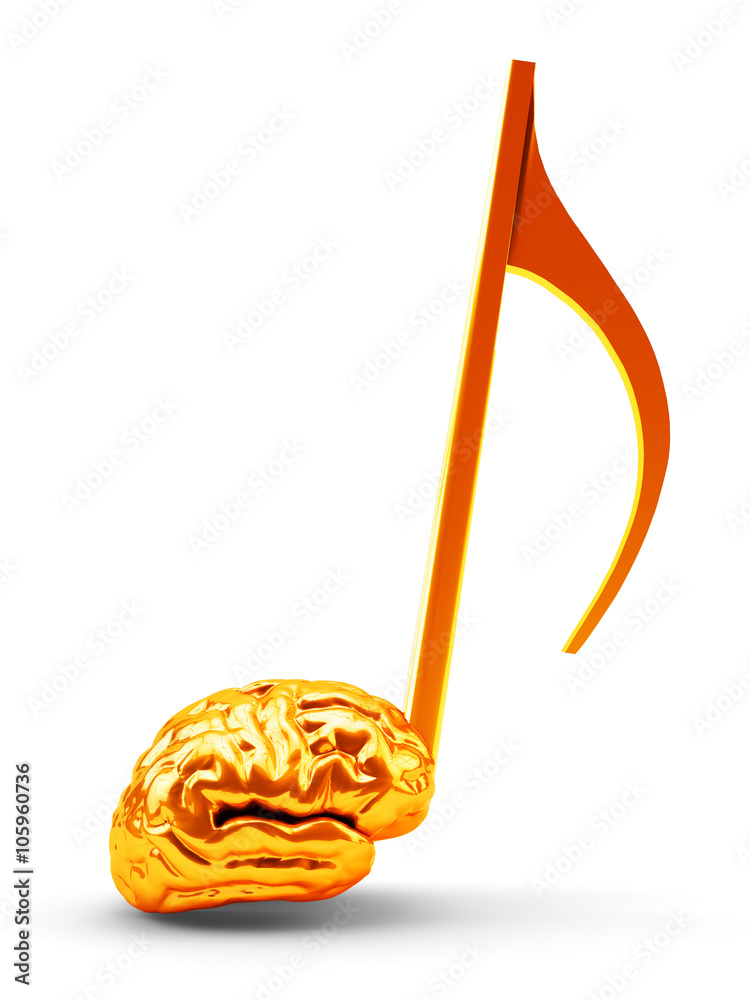 Music listening concept, orange musical note symbol with human brain ...