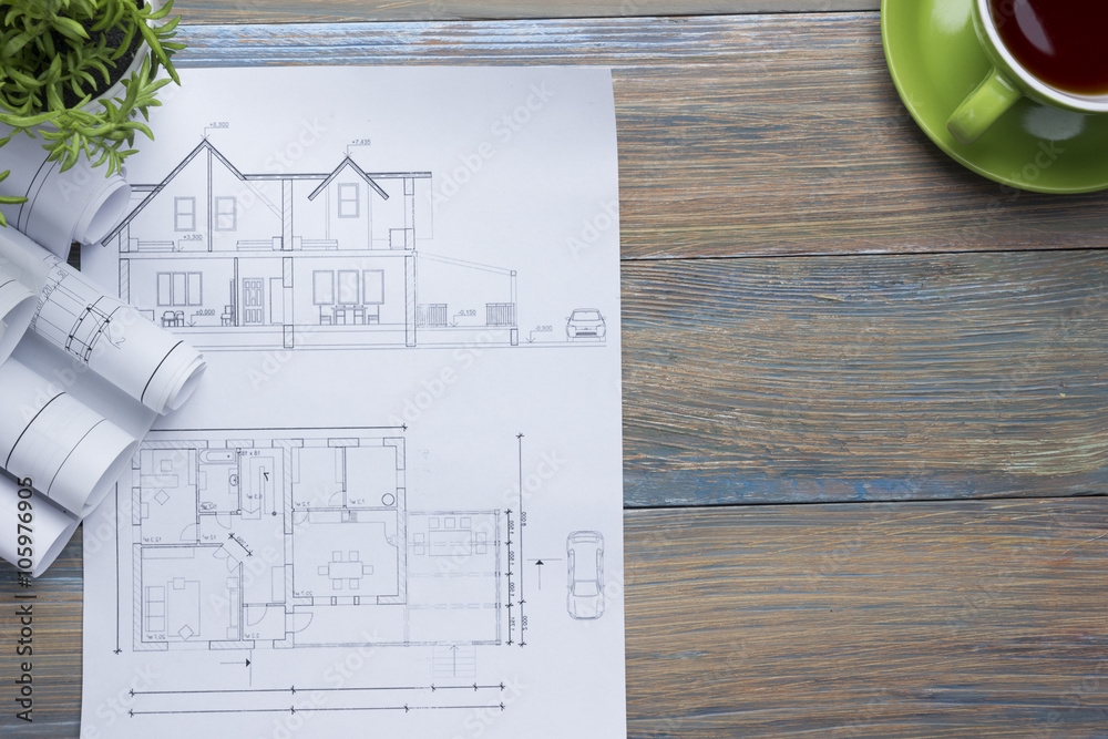 Architect worplace top view. Architectural project, blueprints ... Architect worplace top view. Architectural project, blueprints ...