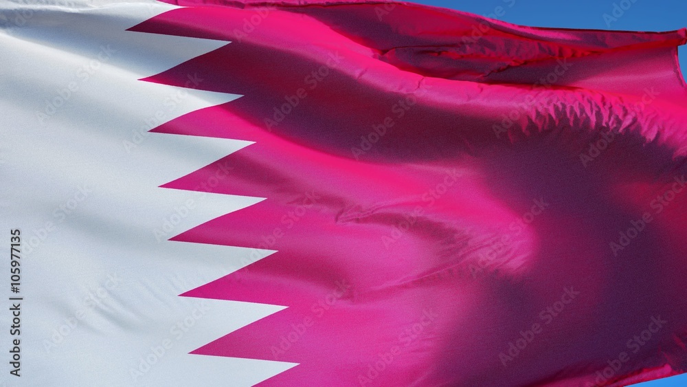 Qatar flag waving in slow motion against clean blue sky, seamlessly ...