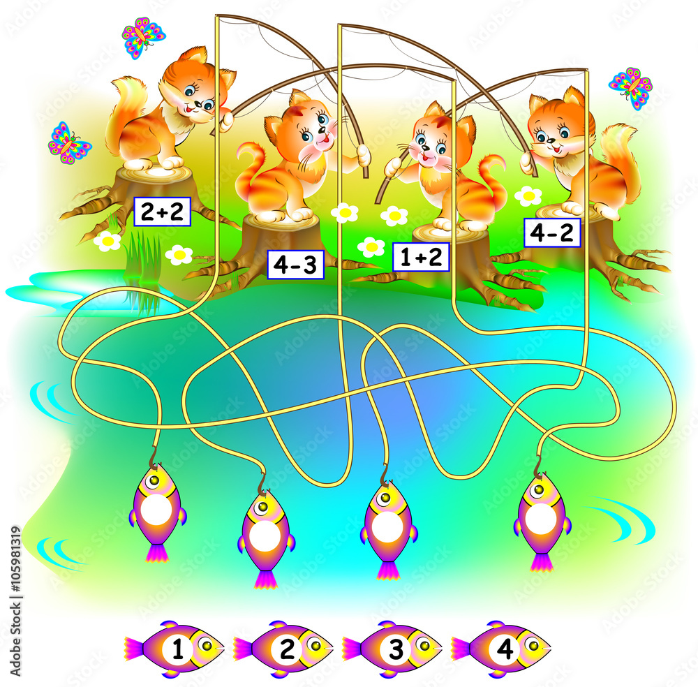 Exercises for children – need to find the fish for each kitten and to ...
