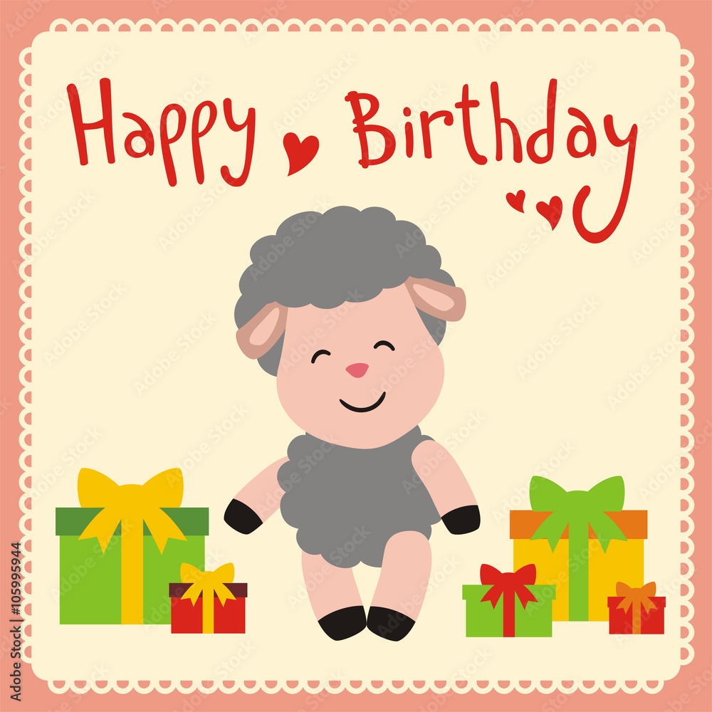 Happy birthday! Cute smiling sheep with birthday gifts, handwritten ...