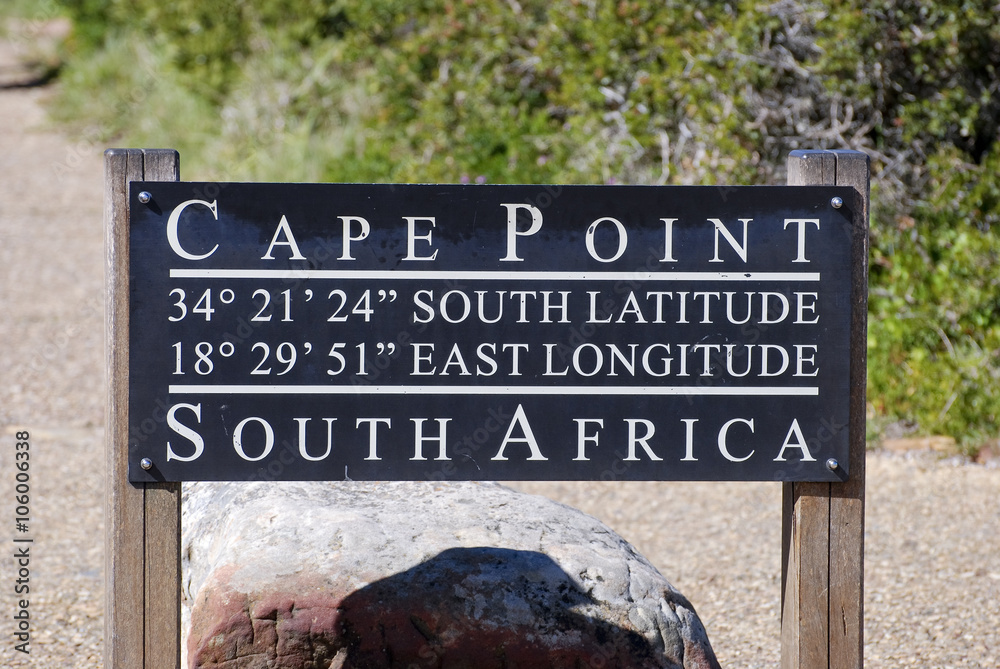 Cape Point sign in South Africa with its latitude and longitude. Stock ...