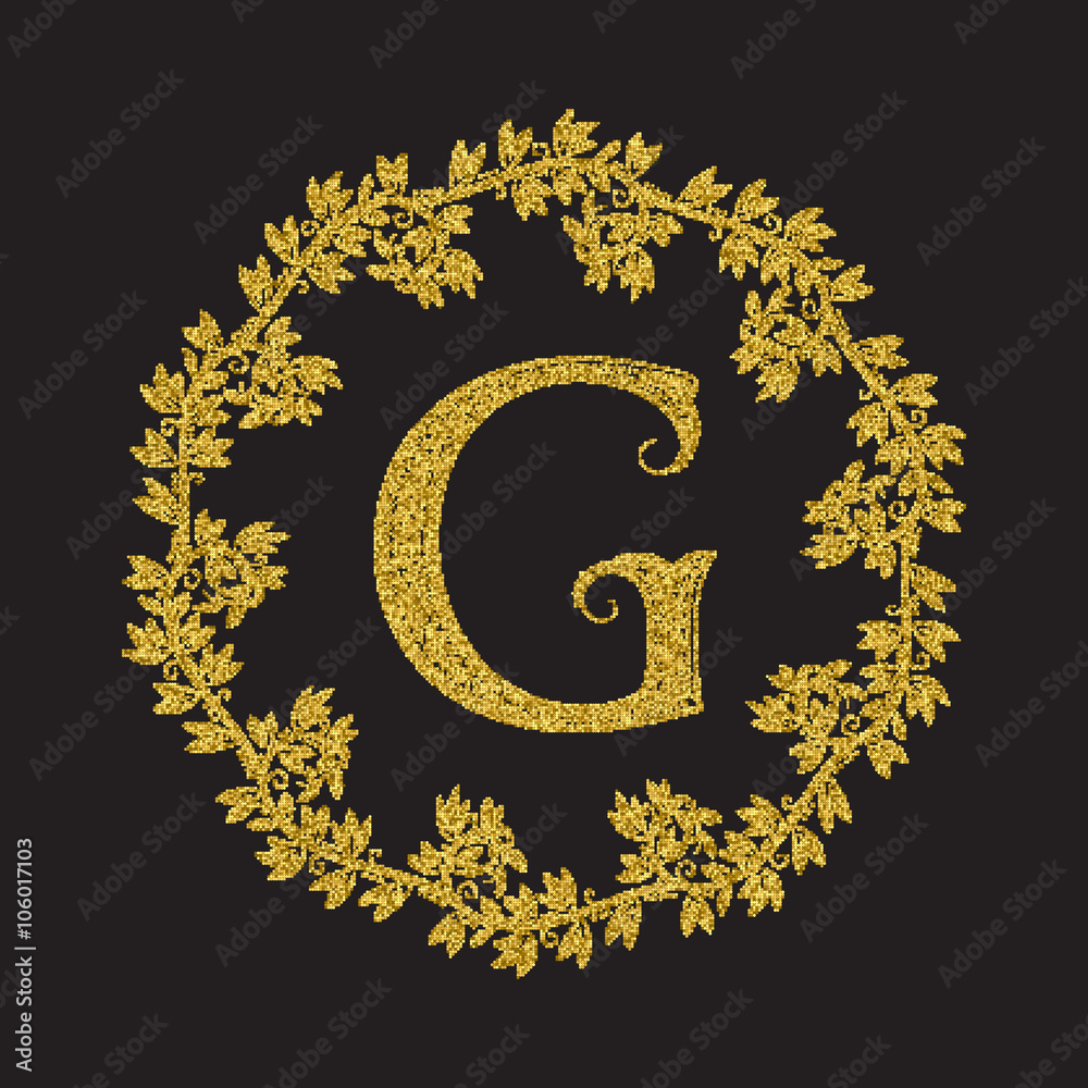 Golden glittering letter G monogram in vintage style. Heraldic circular ...