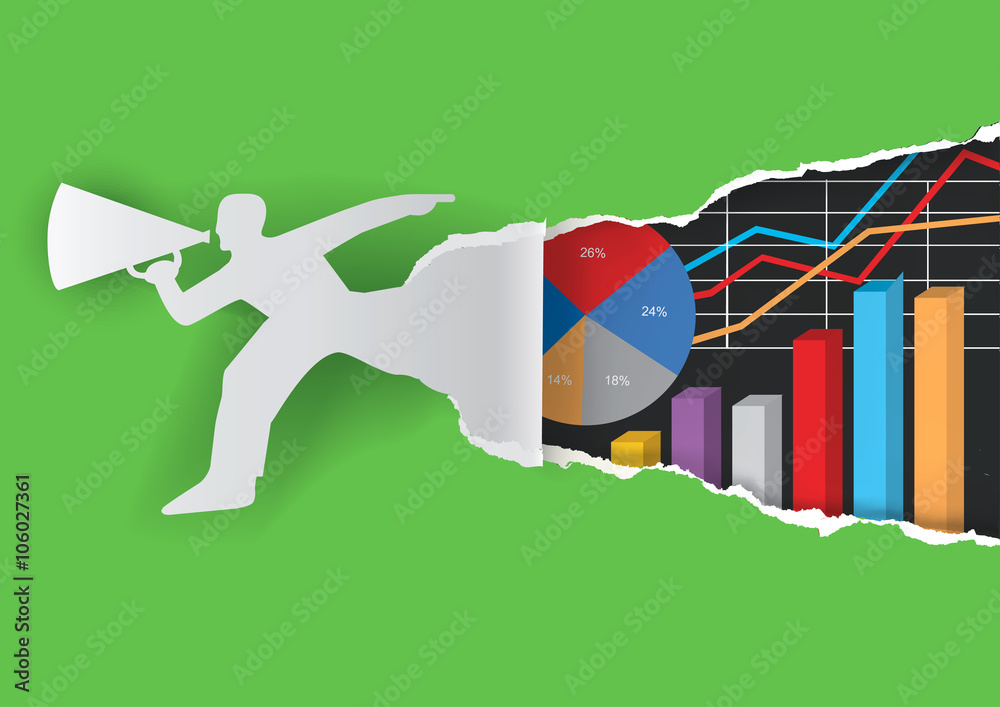 Annual report background. Paper male silhouette ripping green paper ...